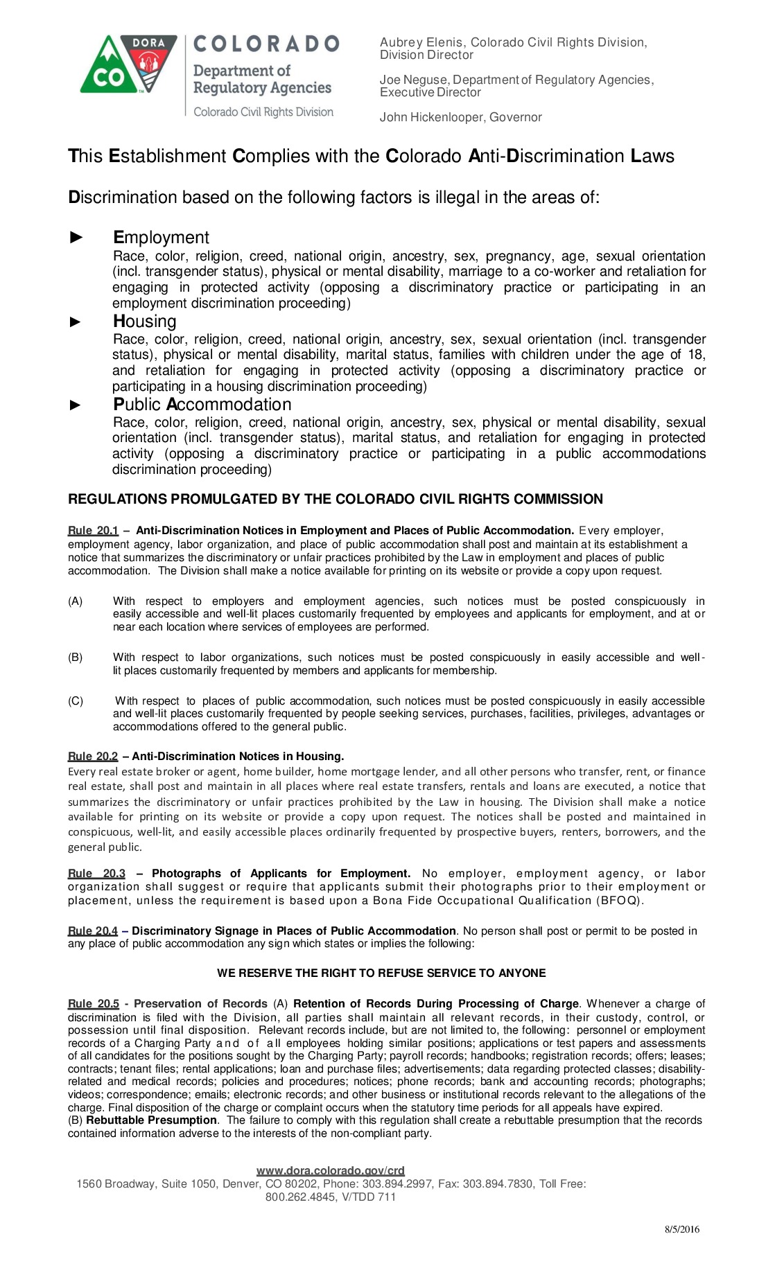 Free Colorado Colorado Anti-Discrimination Labor Law Poster 2020
