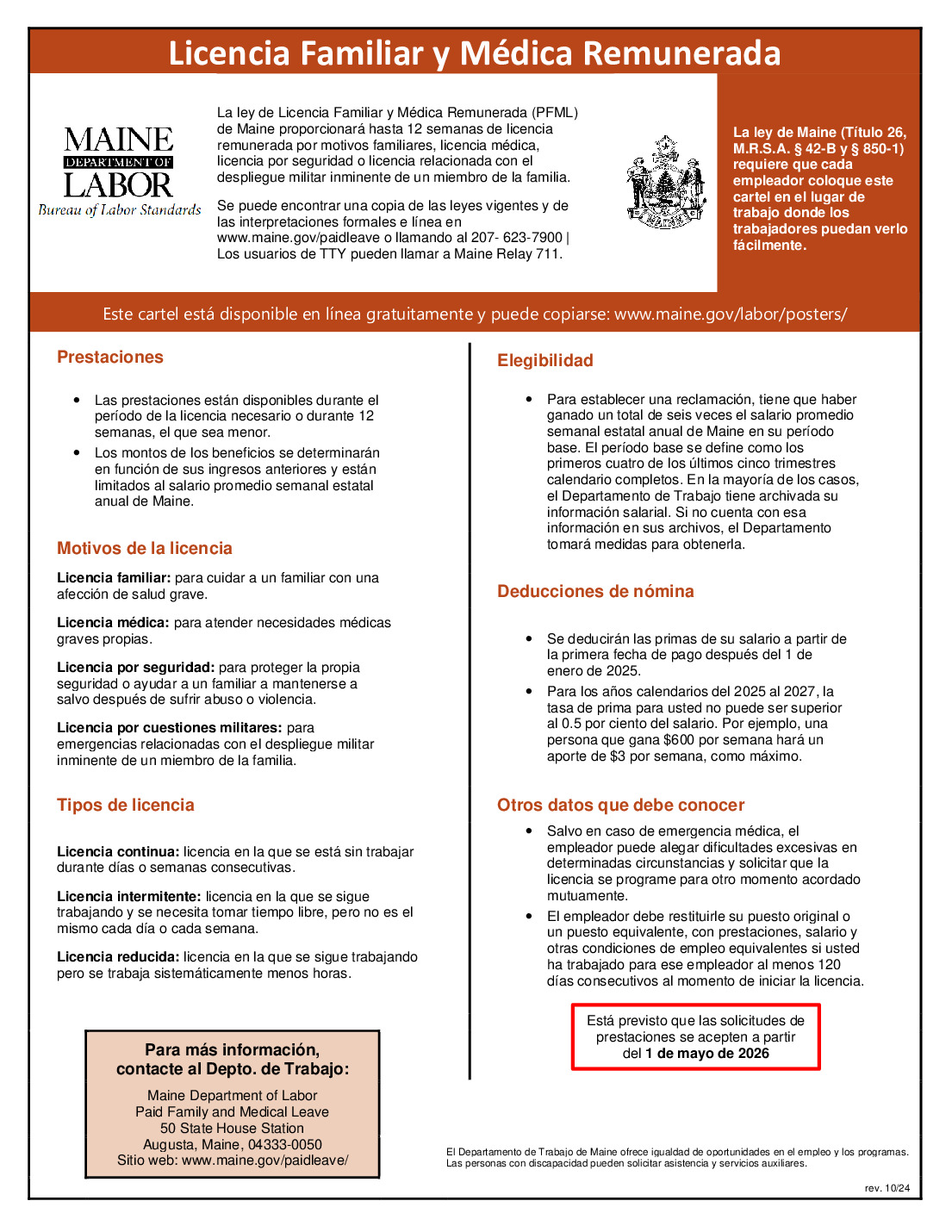 Free Maine Paid Family and Medical Leave (Spanish) Labor Law Poster 2025