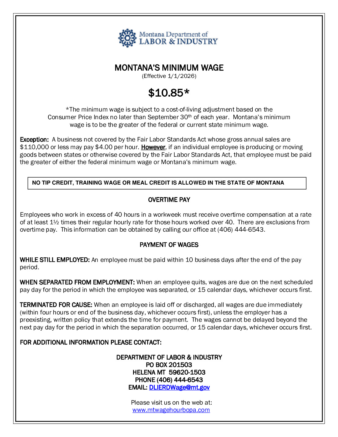 Free Montana Minimum Wage Poster Labor Law Poster 2026